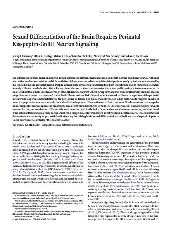 (PDF) Sexual differentiation of the brain requires perinatal kisspeptin ...