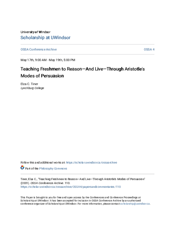 (PDF) Teaching Freshmen to Reason—And Live—Through Aristotle's Modes of ...