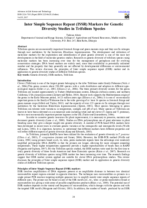 (PDF) Inter Simple Sequence Repeat (ISSR) Markers for Genetic Diversity Studies in Trifolium Species