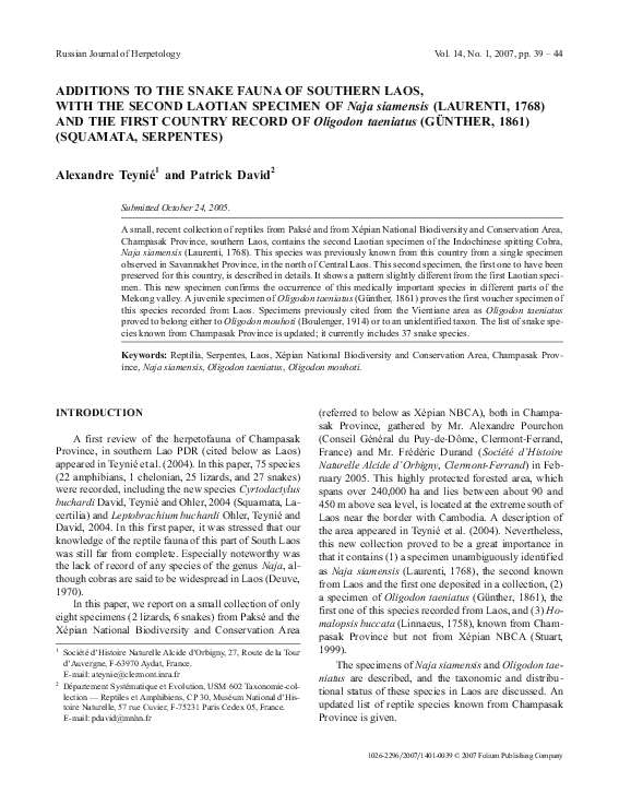 (PDF) ADDITIONS TO THE SNAKE FAUNA OF SOUTHERN LAOS, WITH THE SECOND ...