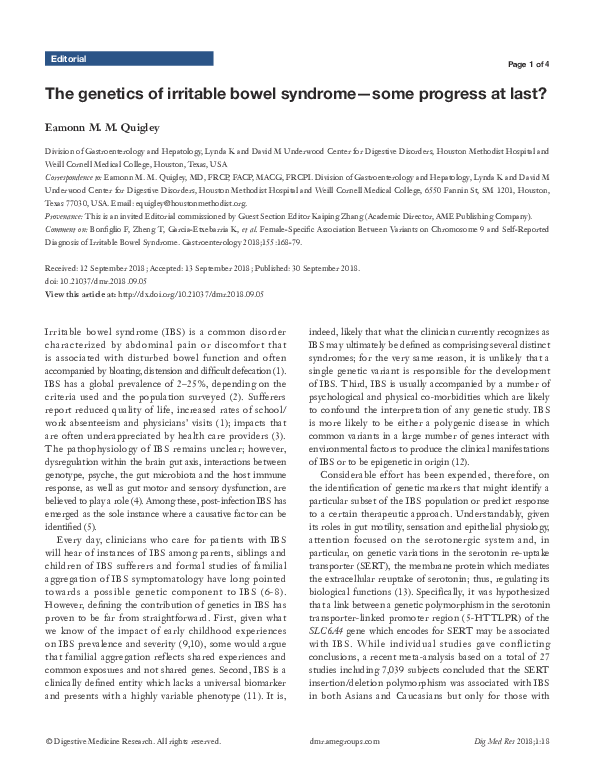 (PDF) The genetics of irritable bowel syndrome—some progress at last?
