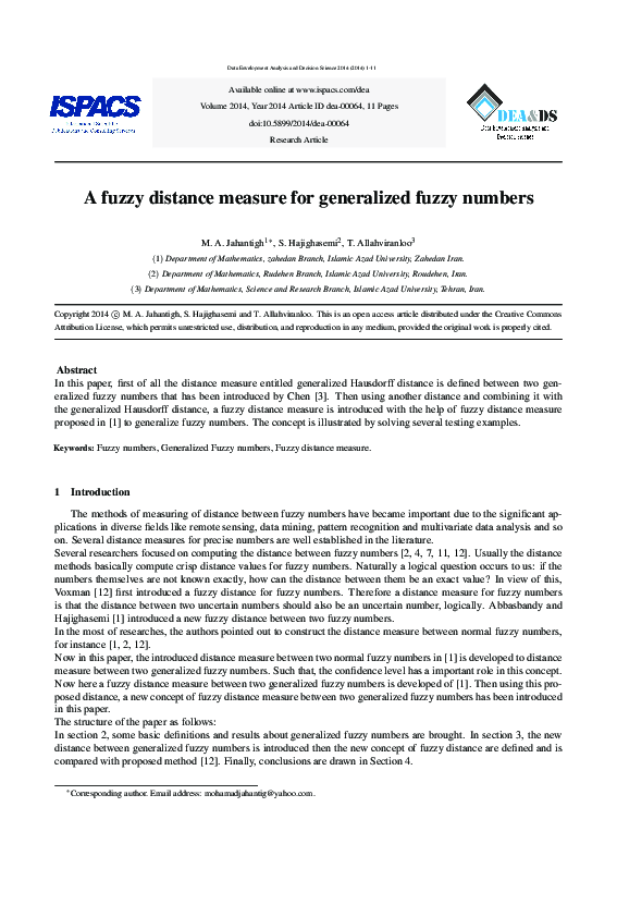 (PDF) A fuzzy distance measure for generalized fuzzy numbers