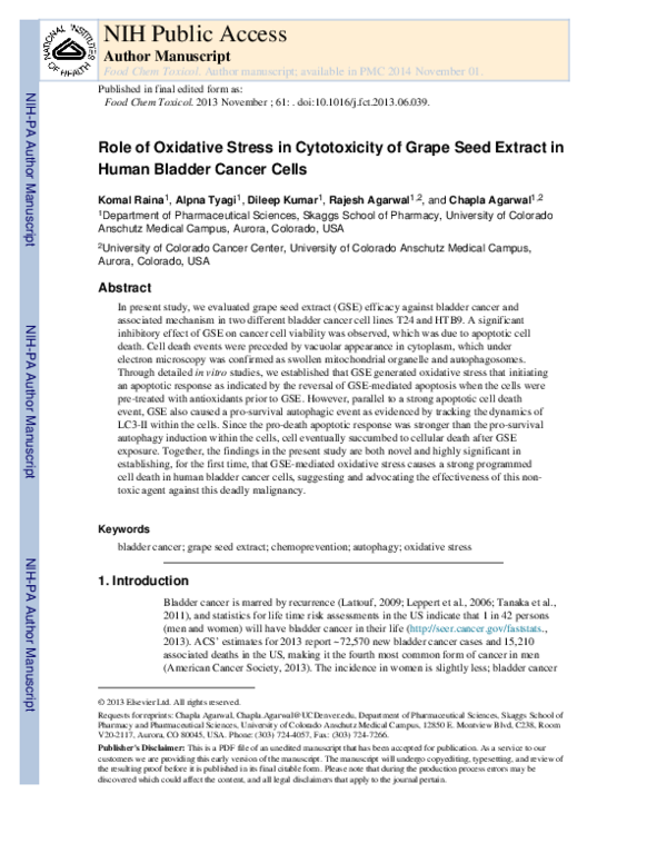 (PDF) Role of oxidative stress in cytotoxicity of grape seed extract in human bladder cancer cells