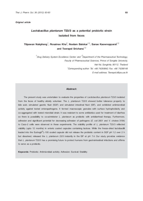 (PDF) Lactobacillus plantarum T23/3 as a potential probiotic strain isolated from feces