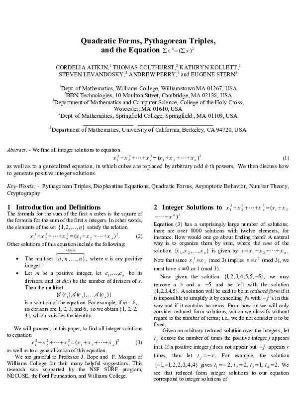 (PDF) Quadratic Forms, Pythagorean Triples, k 2 and the Equation ∑ x = ( ∑ x)
