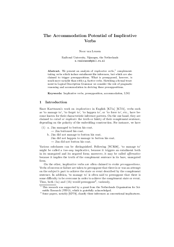 (PDF) The Accommodation Potential of Implicative Verbs