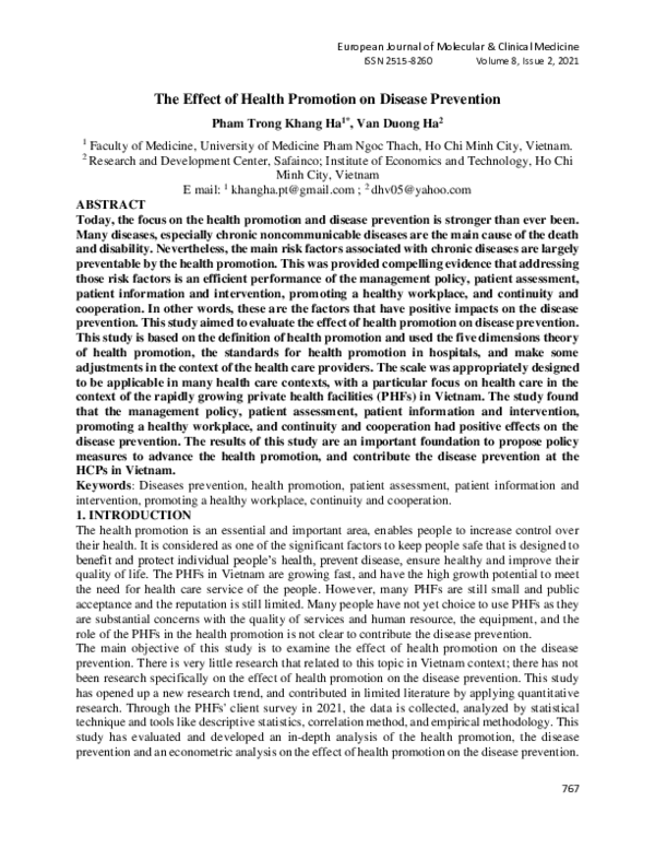 (PDF) The Effect of Health Promotion on Disease Prevention