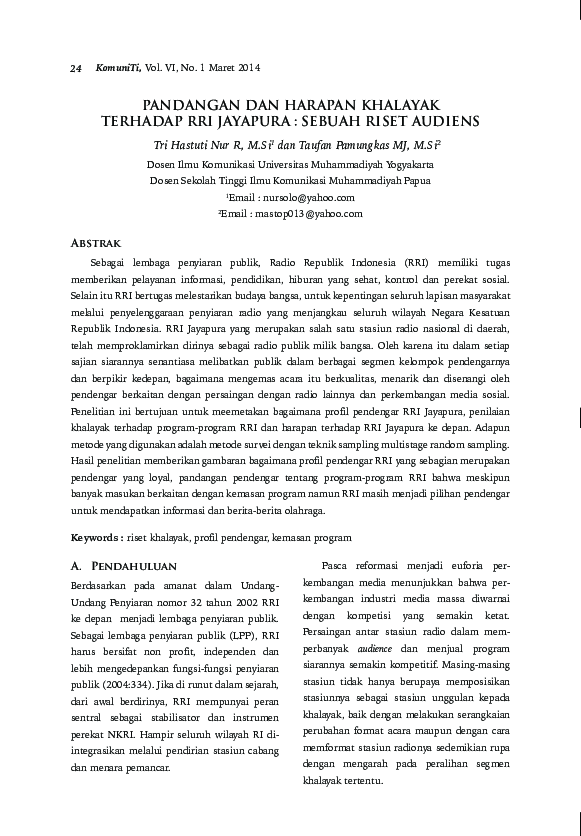 (PDF) Pandangan dan Harapan Khalayak terhadap RRI Jayapura : Sebuah Riset Audiens