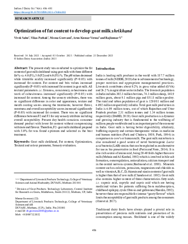 (PDF) Optimization of fat content to develop goat milk shrikhand