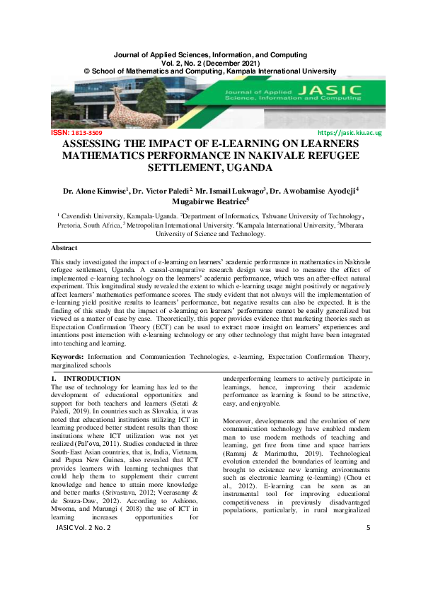 (PDF) ASSESSING THE IMPACT OF E-LEARNING ON LEARNERS MATHEMATICS PERFORMANCE IN NAKIVALE REFUGEE ...