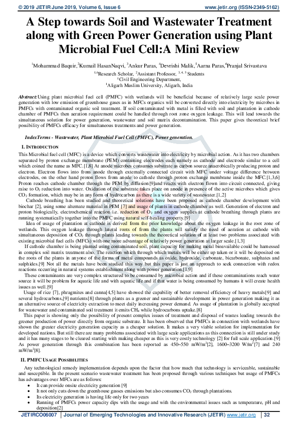 (PDF) A Step towards Soil and Wastewater Treatment along with Green Power Generation using Plant ...