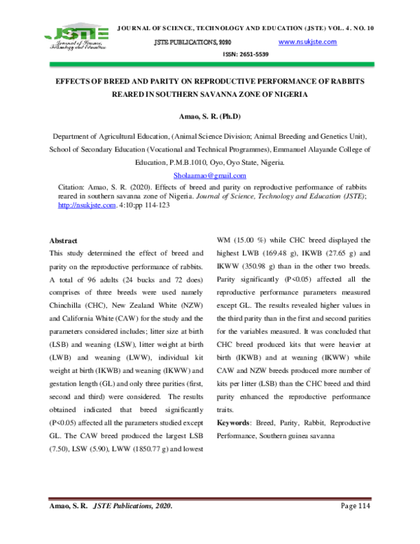 (PDF) EFFECTS OF BREED AND PARITY ON REPRODUCTIVE PERFORMANCE OF RABBITS REARED IN SOUTHERN ...