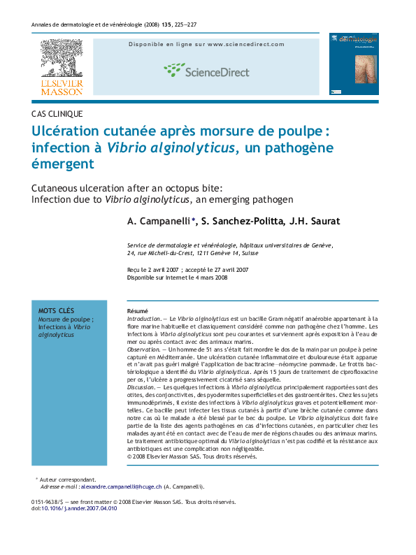 (PDF) Ulcération cutanée après morsure de poulpe : infection à Vibrio ...