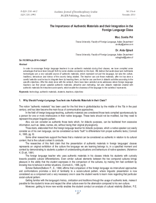 (PDF) The Importance of Authentic Materials and their Integration in ...