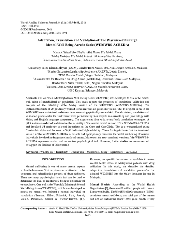 (PDF) Adaptation, Translation and Validation of The Warwick-Edinburgh ...
