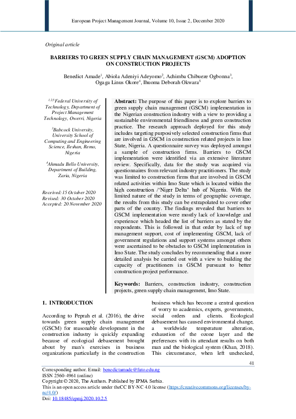 (PDF) Barriers to Green Supply Chain Management (GSCM) Adoption on Construction Projects