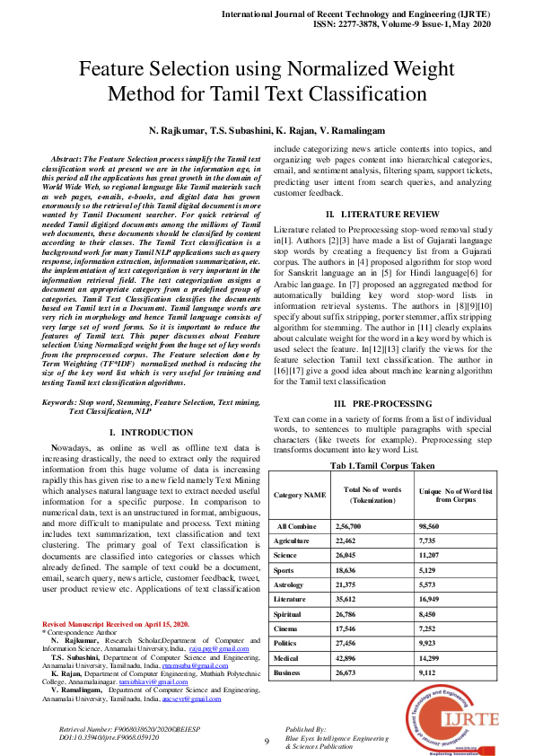 (PDF) Feature Selection using Normalized Weight Method for Tamil Text Classification