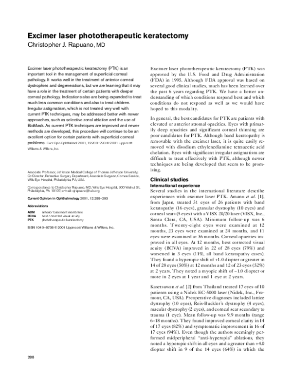 (PDF) Excimer Laser Phototherapeutic Keratectomy