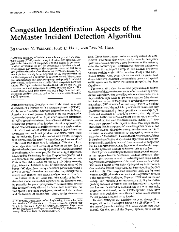 (PDF) Congestion identification aspects of the McMaster incident detection algorithm