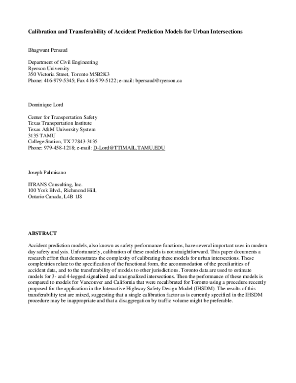 Pdf Calibration And Transferability Of Accident Prediction Models For Urban Intersections