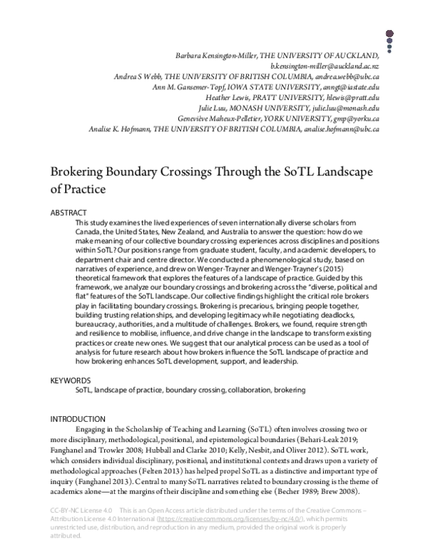 (PDF) Brokering Boundary Crossings through the SoTL Landscape of Practice