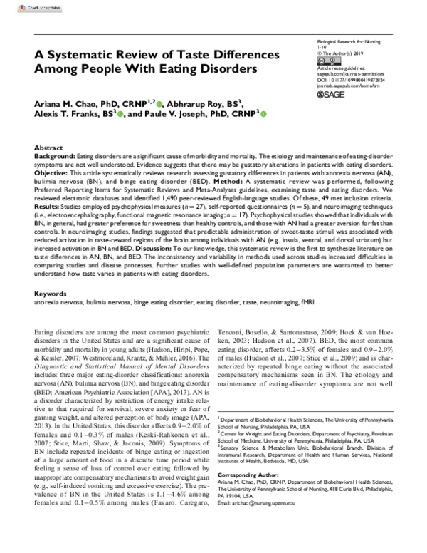 (PDF) A Systematic Review of Taste Differences Among People With Eating ...