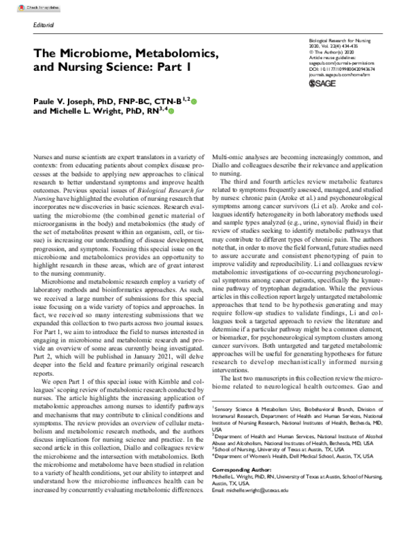 (PDF) The Microbiome, Metabolomics, and Nursing Science: Part 1