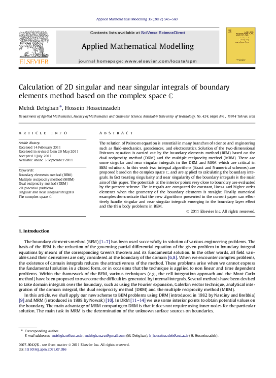 (PDF) Calculation of 2D singular and near singular integrals of boundary elements method based ...
