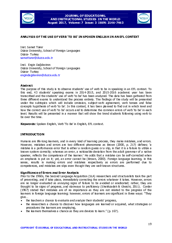 (PDF) ANALYSIS OF THE USE OF VERB 'TO BE' IN SPOKEN ENGLISH IN AN EFL ...