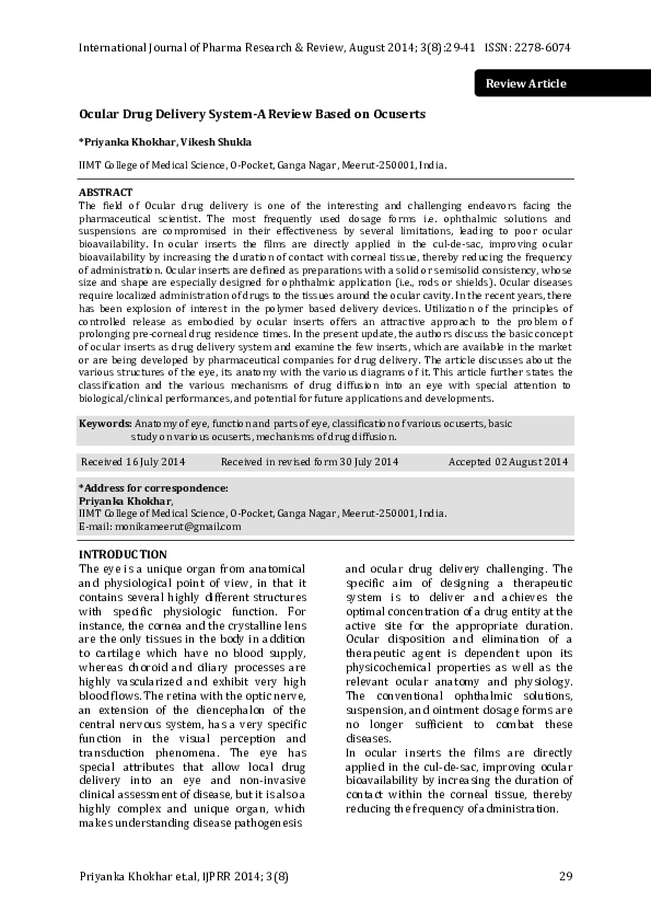 (PDF) Ocular Drug Delivery System-A Review Based on Ocuserts | Priyanka ...