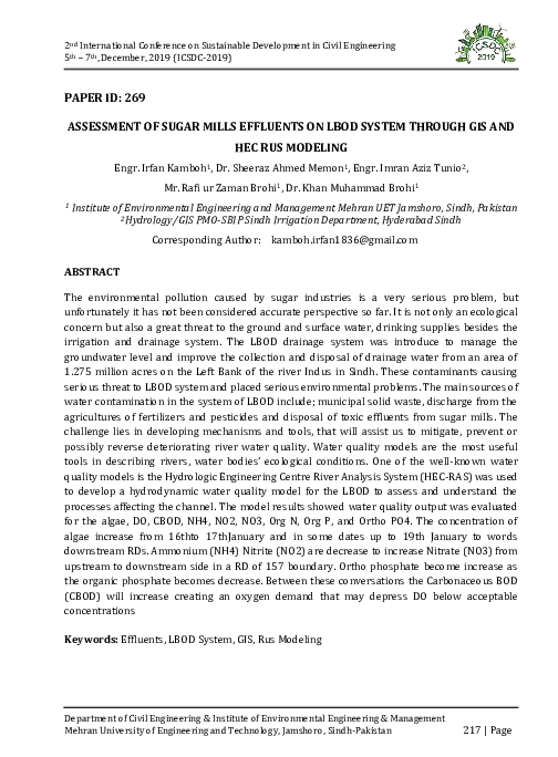(PDF) PAPER ID: 269 ASSESSMENT OF SUGAR MILLS EFFLUENTS ON LBOD SYSTEM ...