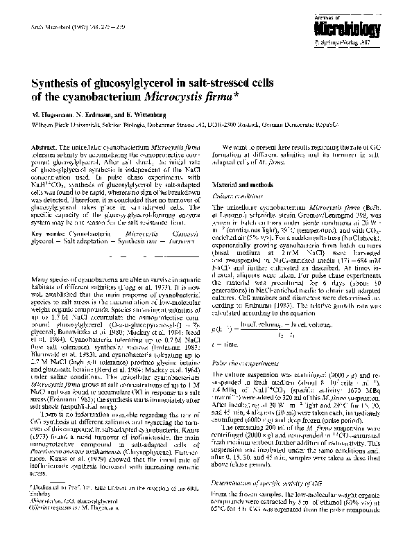 (PDF) Synthesis of glucosylglycerol in salt-stressed cells of the ...