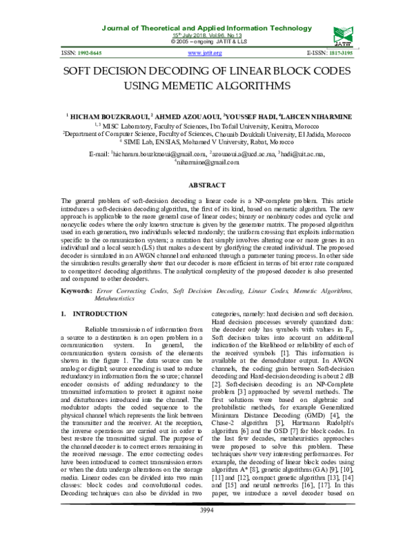 (PDF) Soft Decision Decoding of Linear Codes via Memetic Algorithms