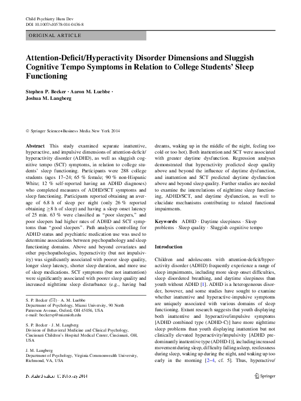 (PDF) Attention-Deficit/Hyperactivity Disorder Dimensions and Sluggish Cognitive Tempo Symptoms ...