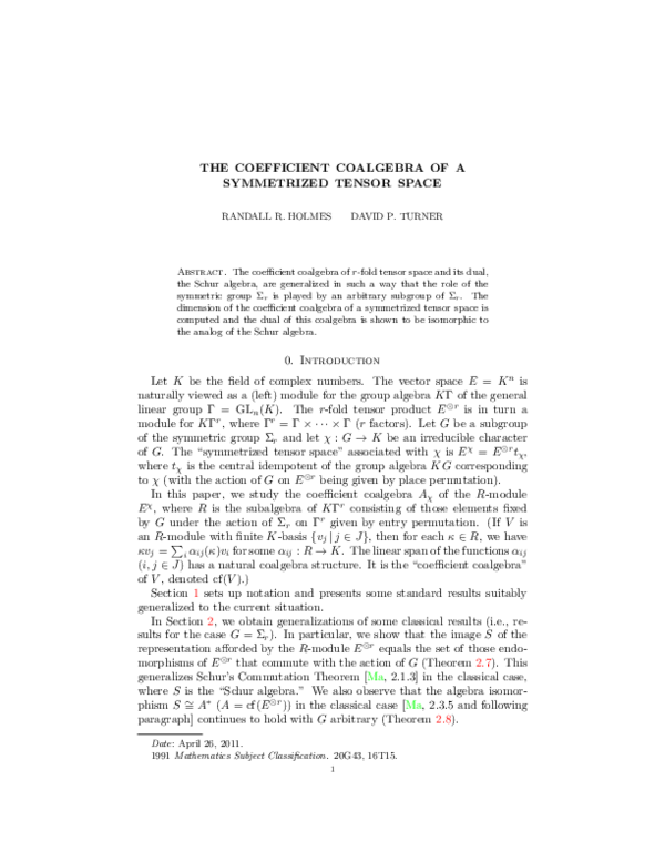 (PDF) The coefficient coalgebra of a symmetrized tensor space