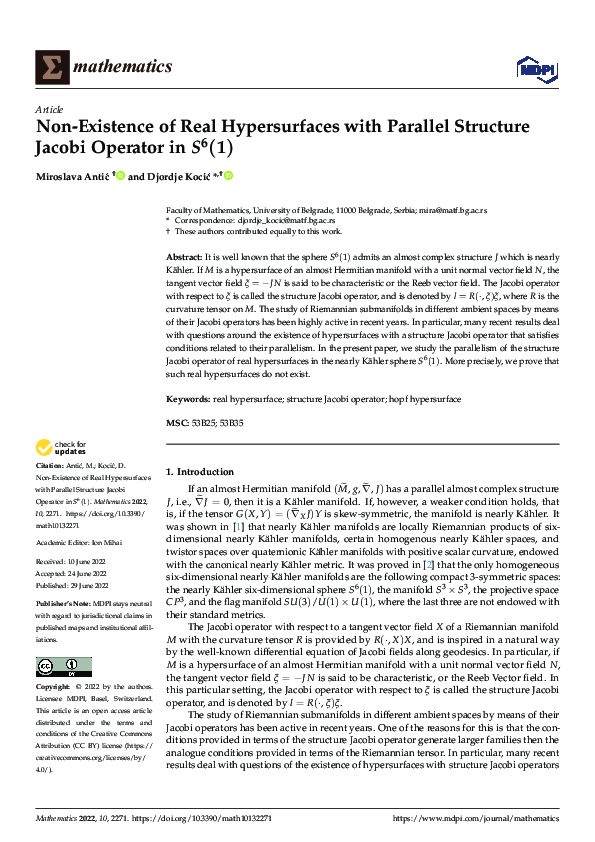 (PDF) Non-Existence of Real Hypersurfaces with Parallel Structure Jacobi Operator in S6(1)