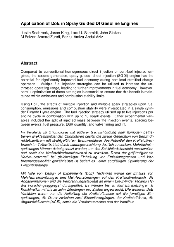 (PDF) Application of DoE in Spray Guided DI Gasoline Engines