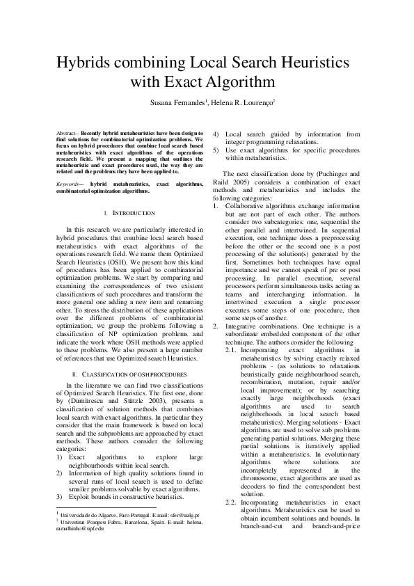 Pdf Hybrids Combining Local Search Heuristics With Exact Algorithms Helena Ramalhinho Dias
