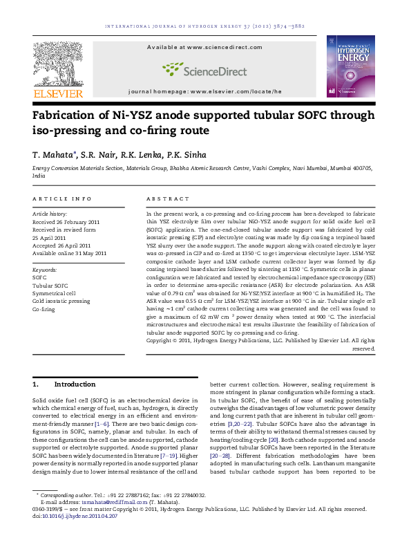 (PDF) Fabrication of Ni-YSZ anode supported tubular SOFC through iso ...