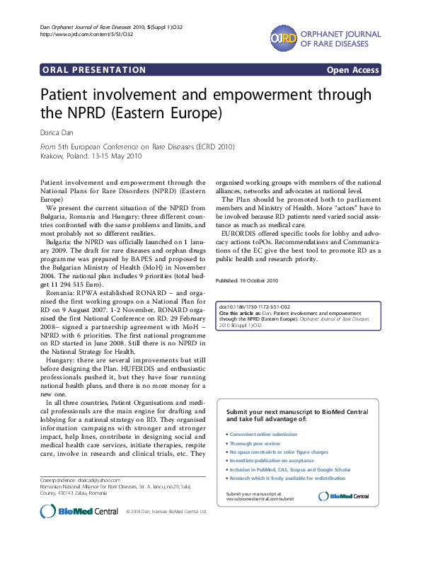 (PDF) Patient involvement and empowerment through the NPRD (Eastern Europe)