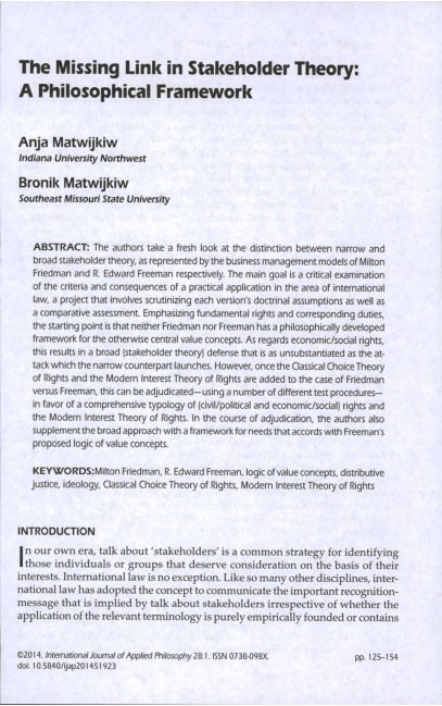 (PDF) The Missing Link in Stakeholder Theory