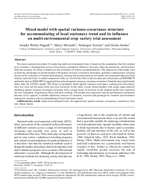 Pdf Mixed Model With Spatial Variancecovariance Structure For