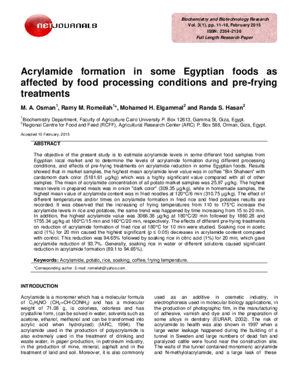 (PDF) Acrylamide Levels in Egyptian Foods