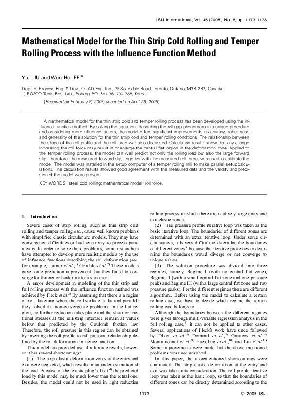 (PDF) Mathematical Model for the Thin Strip Cold Rolling and Temper Rolling Process with the ...