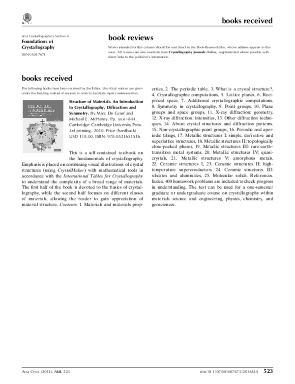 (PDF) Structure of Materials. An Introduction to Crystallography ...