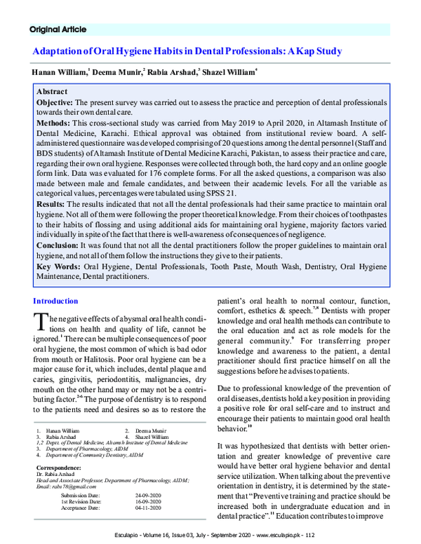 (PDF) Adaptation Of Oral Hygiene Habits In Dental Professionals: A Kap ...