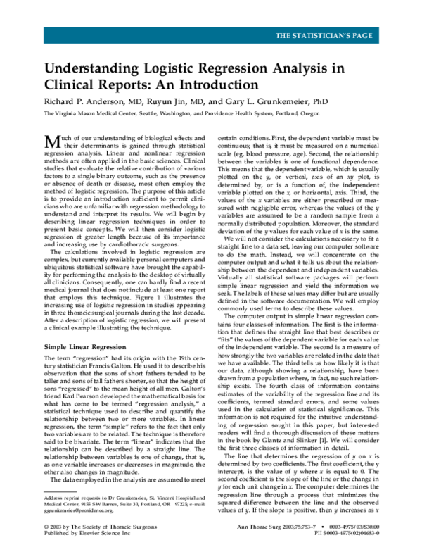 (PDF) Understanding logistic regression analysis in clinical reports: an introduction