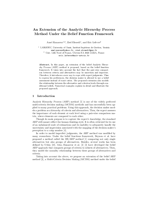 Pdf An Extension Of The Analytic Hierarchy Process Method Under The Belief Function Framework