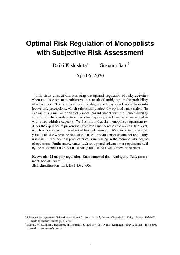 (PDF) Optimal Risk Regulation of Monopolists with Subjective Risk ...