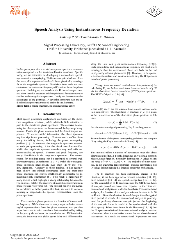(PDF) Speech analysis using instantaneous frequency deviation